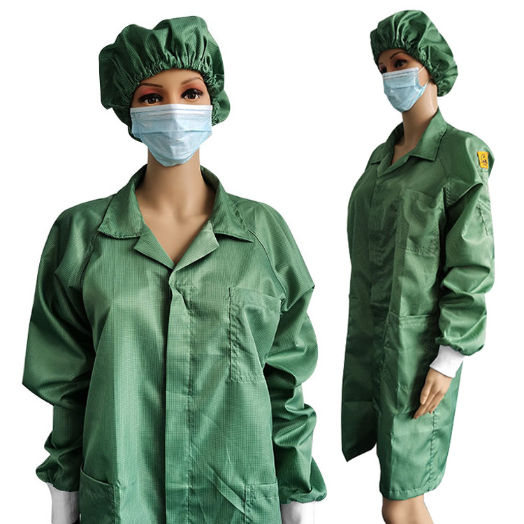 Cleanroom Lab 2.5mm Grid Green ESD Anti Static Smocks พร้อมหมวกสีเดียวกัน